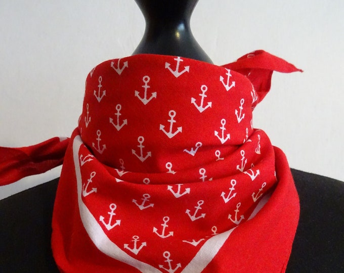 Vintage Bandana Red White Anchor Print Sailor Mariner Cotton Scarf ...