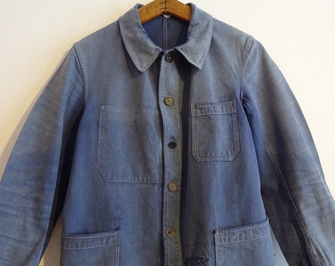 Vintage French Chore Jacket 1940s 40s Faded Indigo Blue Cotton Darned ...