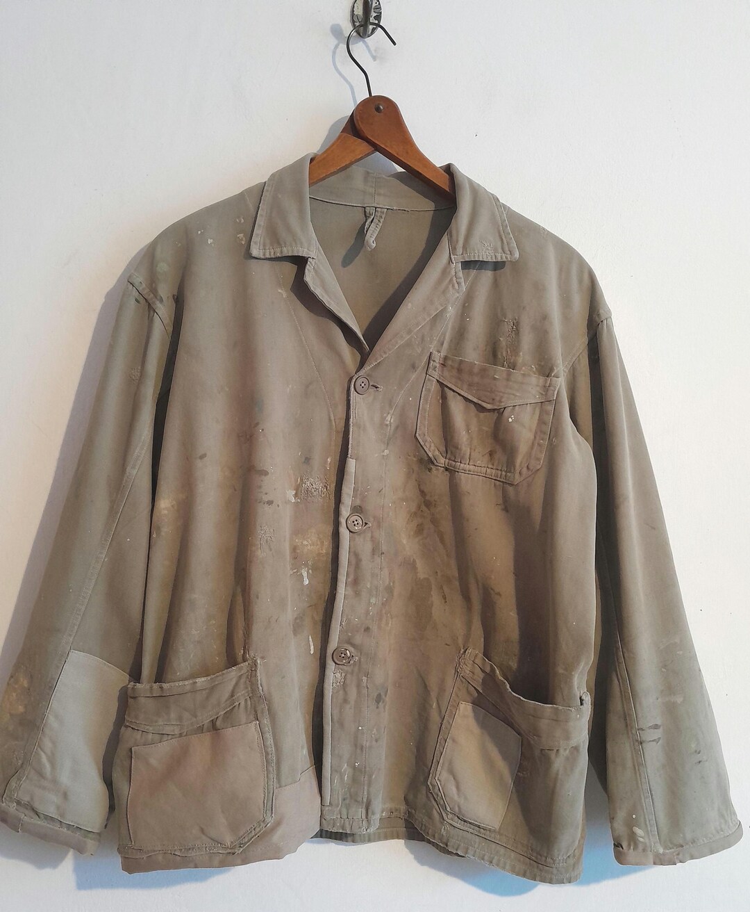 Vintage 1950s Belgian Chore Jacket Back Belt Thrashed, Patched & Paint ...