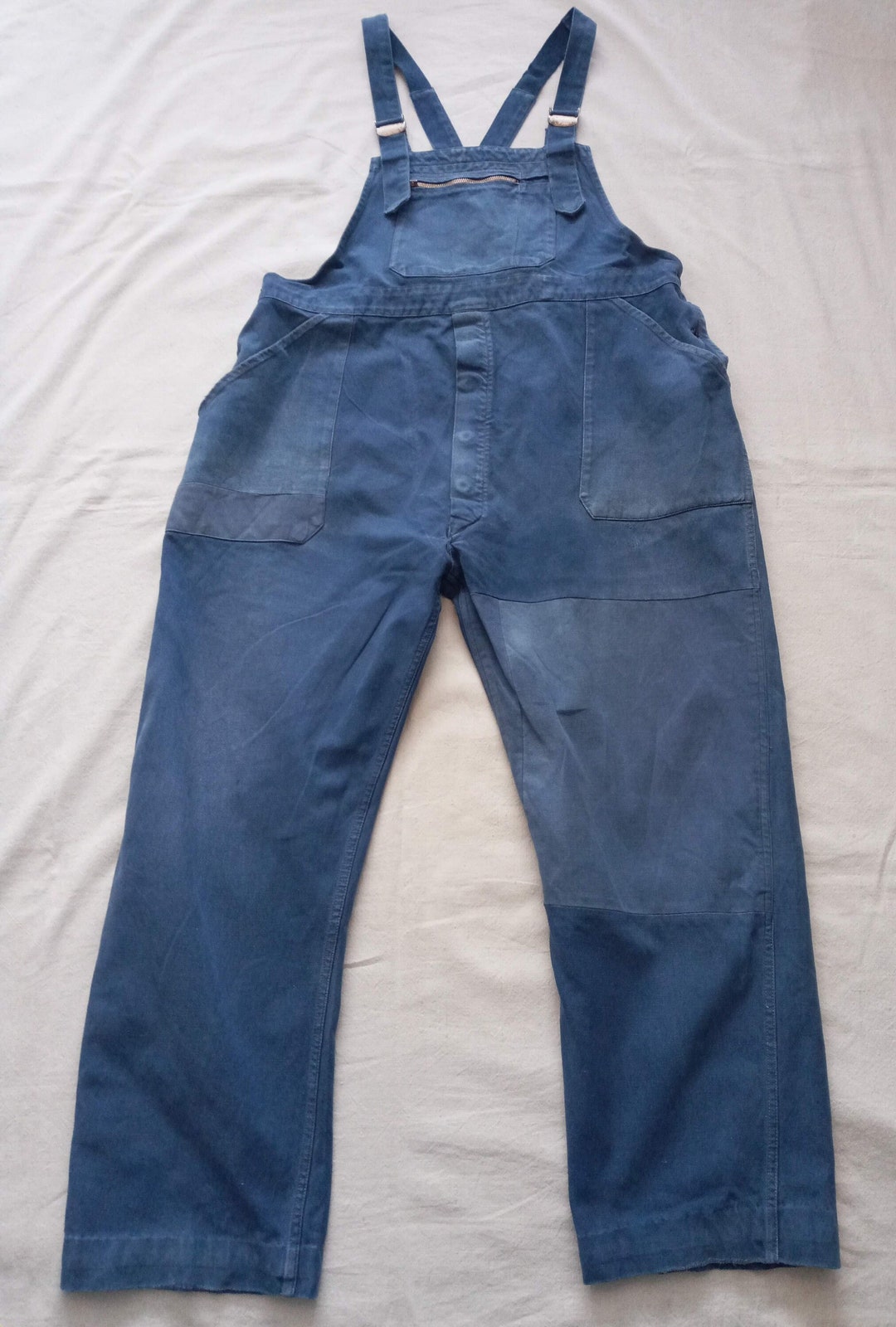 Vintage French Dungarees 1950s Indigo Faded Blue Cotton Patched ...