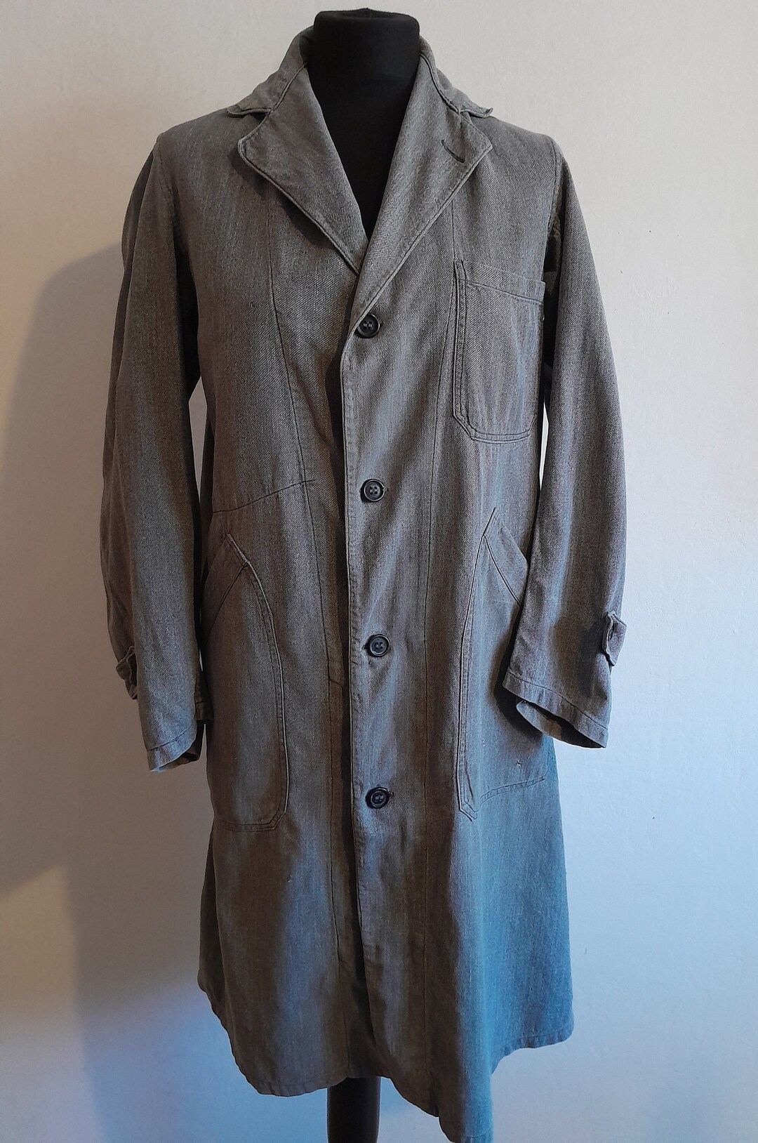 Vintage 1940s French Duster Coat Workwear 50s Salt & Pepper Black ...