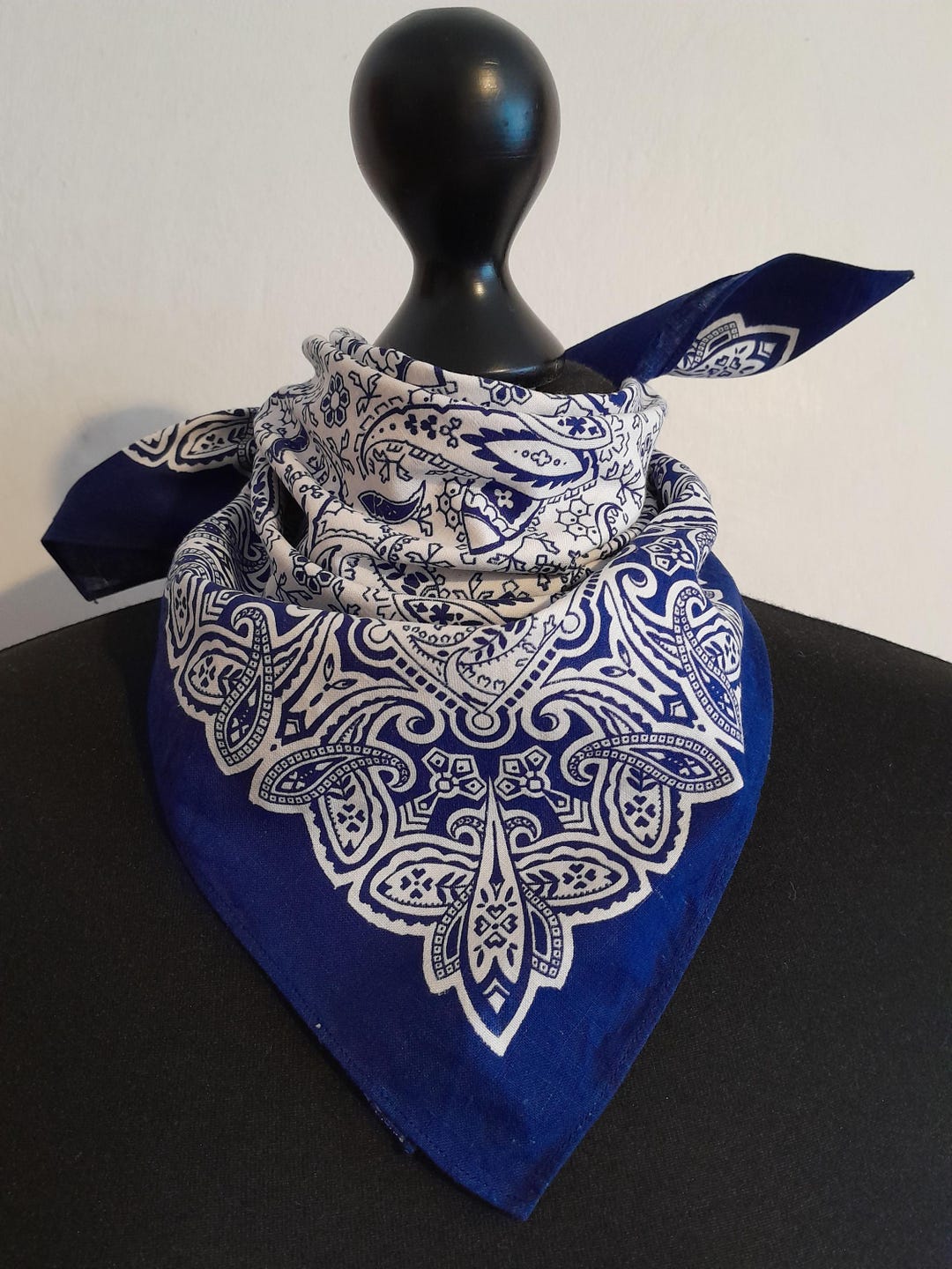 Vintage 1940s 50s Bandana - European Blue White Floral Cotton Work ...