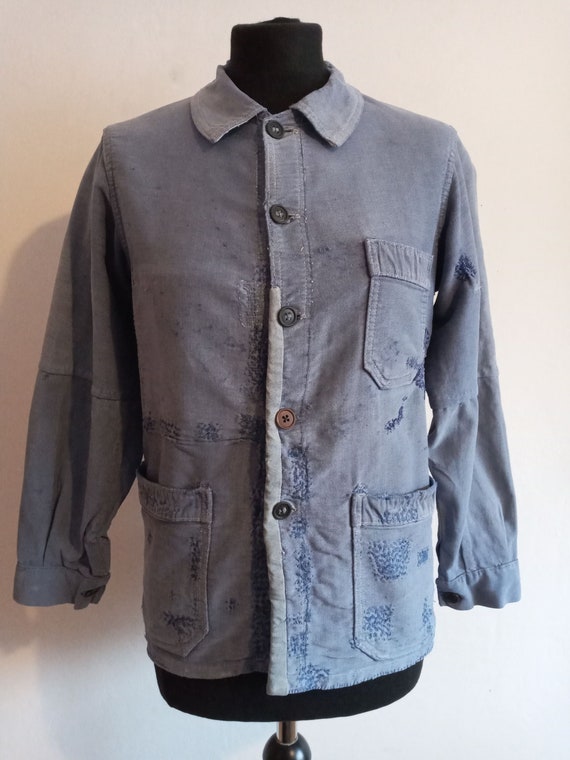 Vintage French chore jacket patched moleskin vintage … - Gem