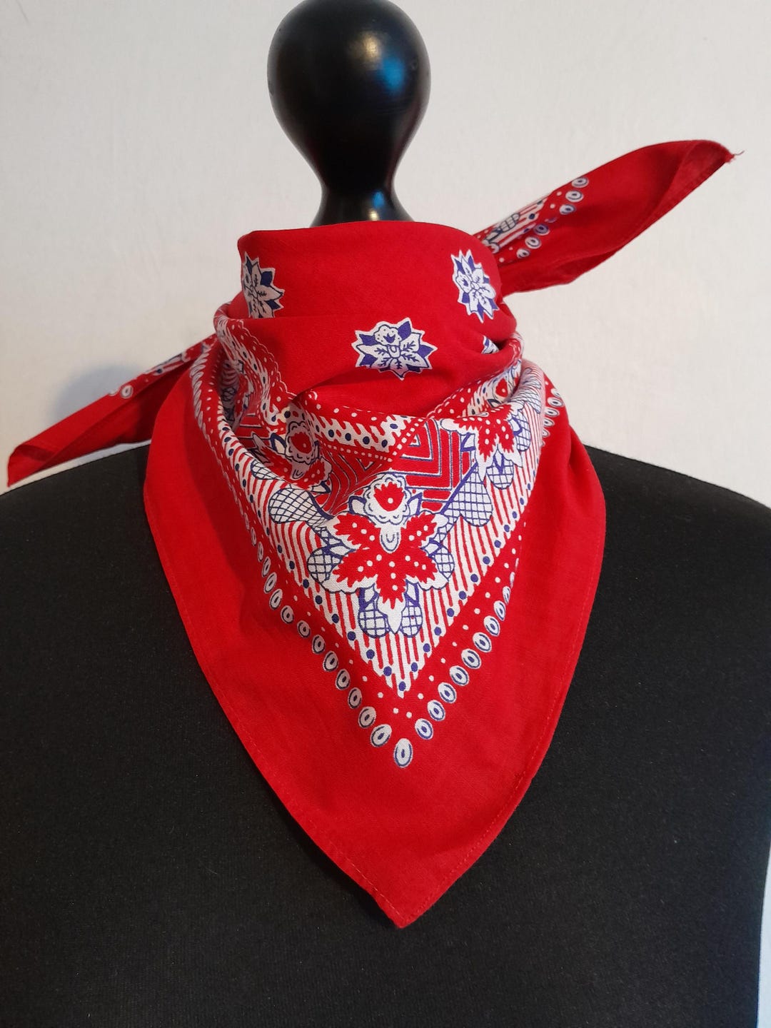 Vintage Bandana Red White Blue European Cotton Scarf Pocket Square Folk ...