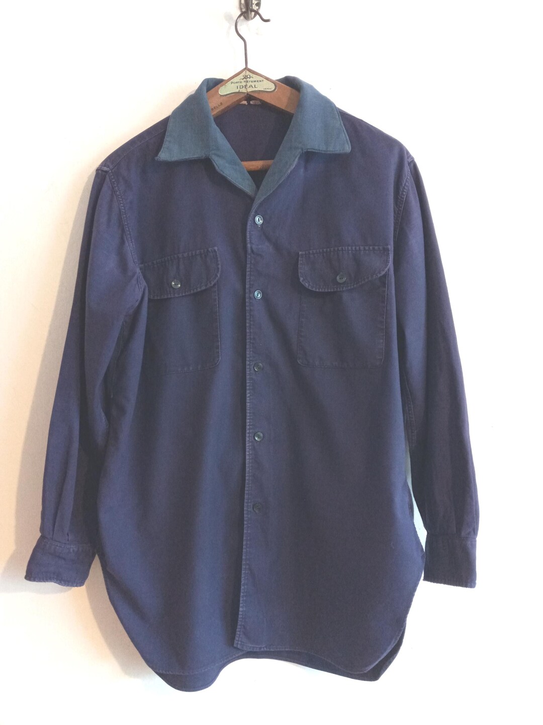 Vintage French Chore Shirt 1950s 50s Patched Workwear Blue Cotton ...
