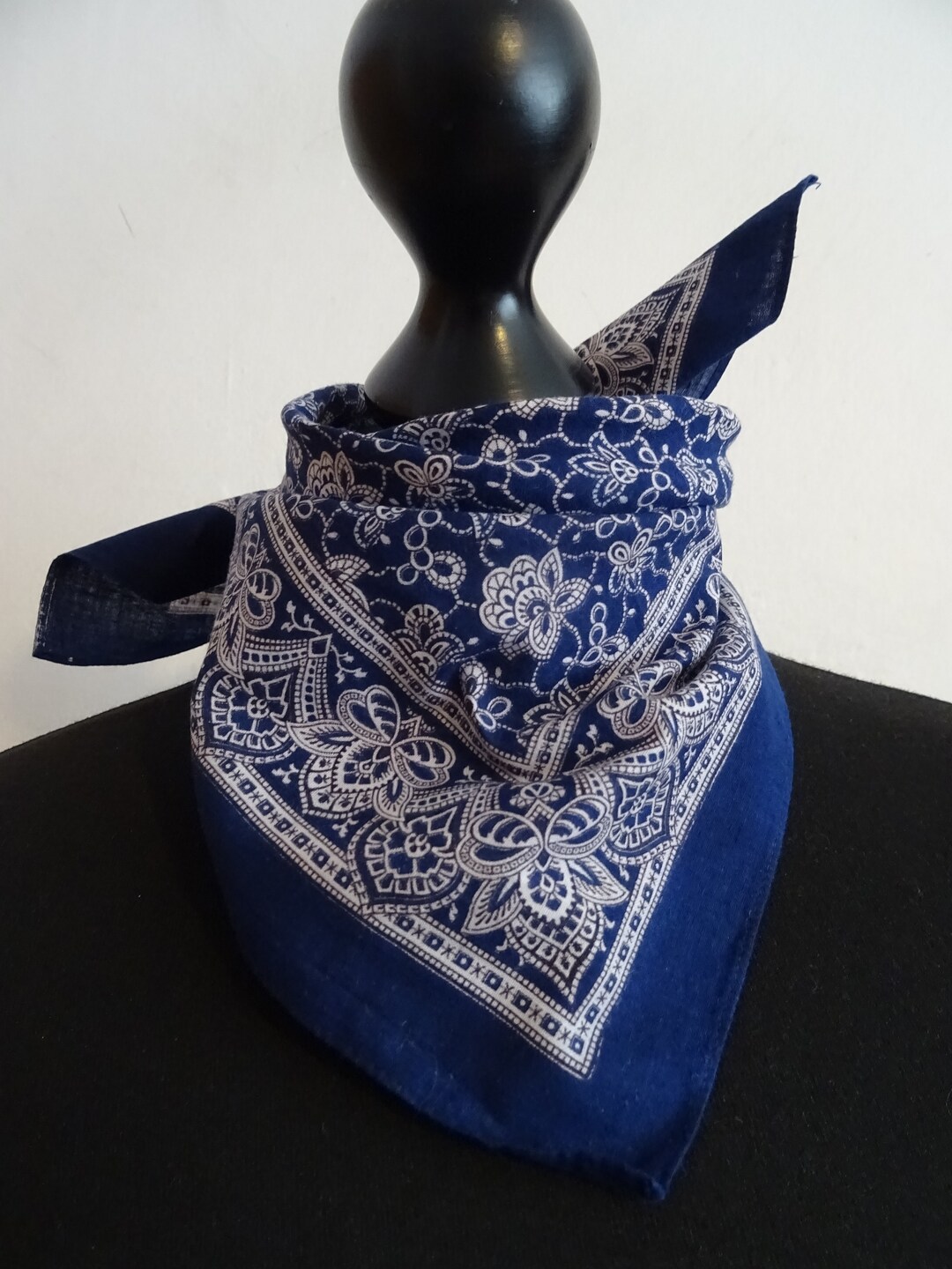 Vintage Bandana Blue White Paisley Floral Cotton Scarf Pocket Square ...