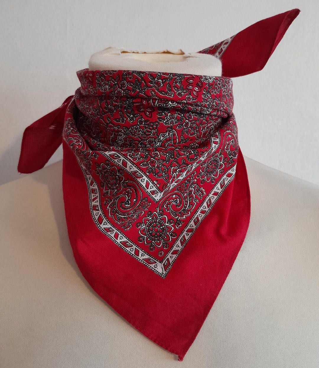 Vintage Bandana Red White Paisley Floral Cotton Scarf Pocket Square ...