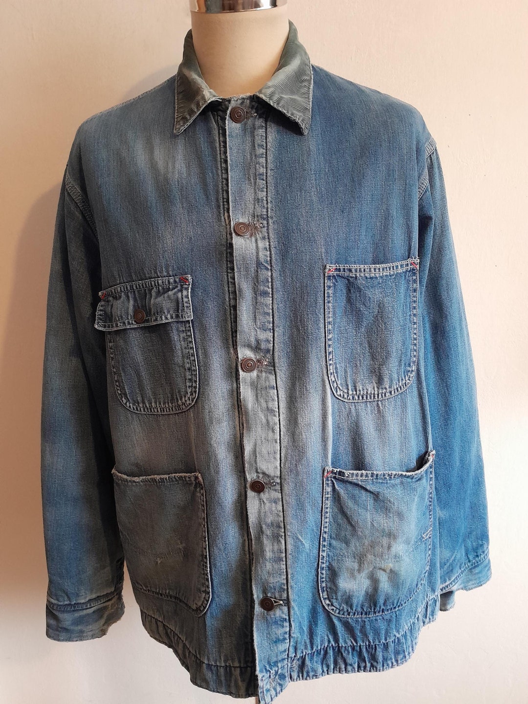 Vintage Sears Denim Barn Jacket Engineer Blanket Lined Work Chore Coat 1970s XL 52 Chest ...