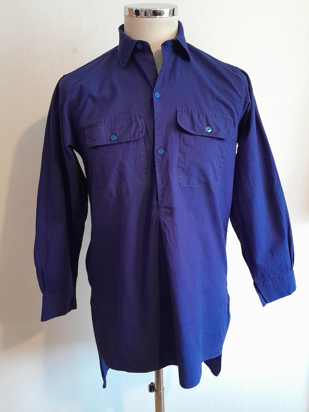Vintage 1950s French Chore Shirt: Indigo Blue Cotton Workwear (40 ...