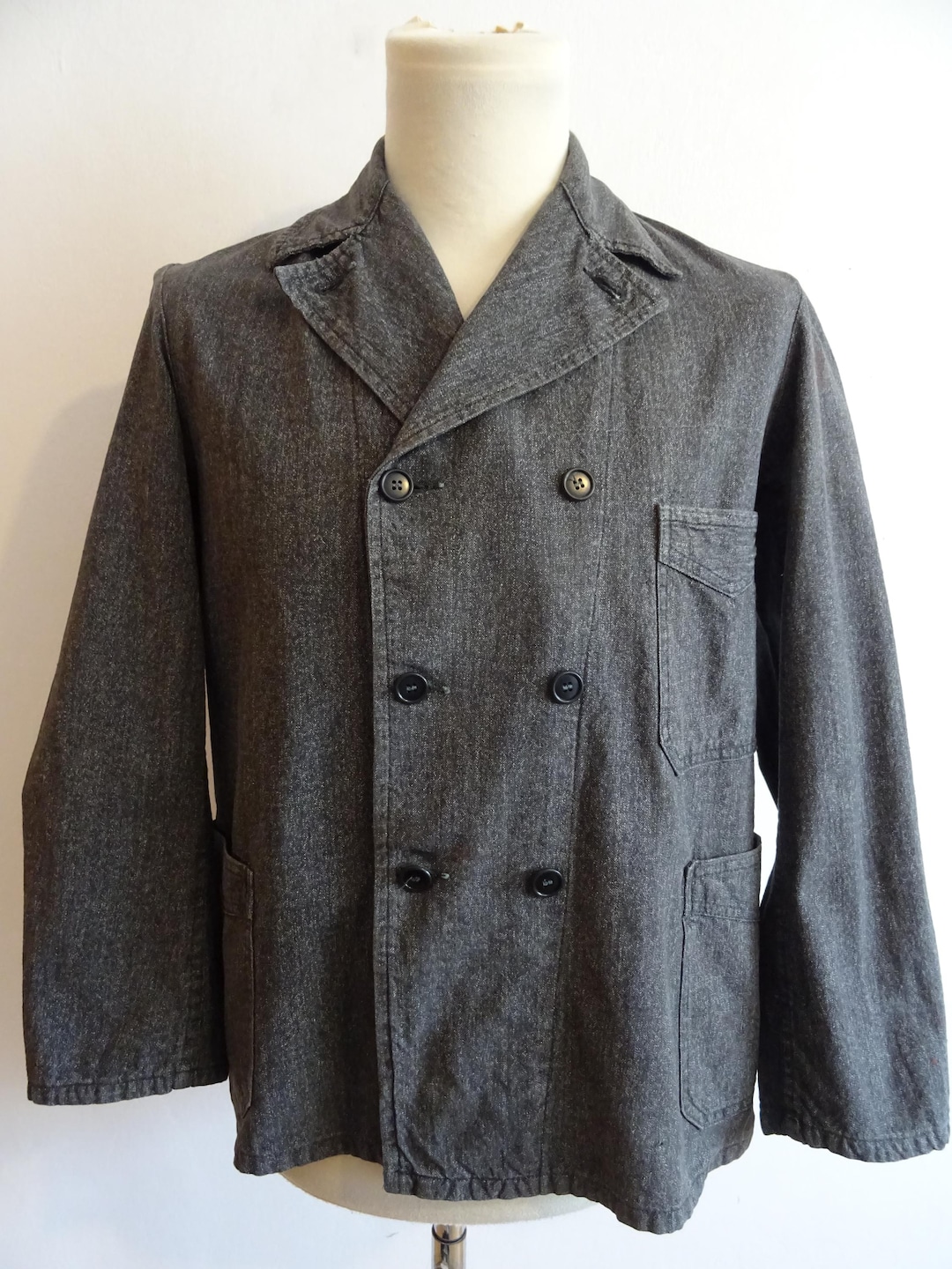 Vintage Chore Jacket Double Breasted Salt & Pepper Workwear 1950s 50s Dutch Cotton Work Worker ...