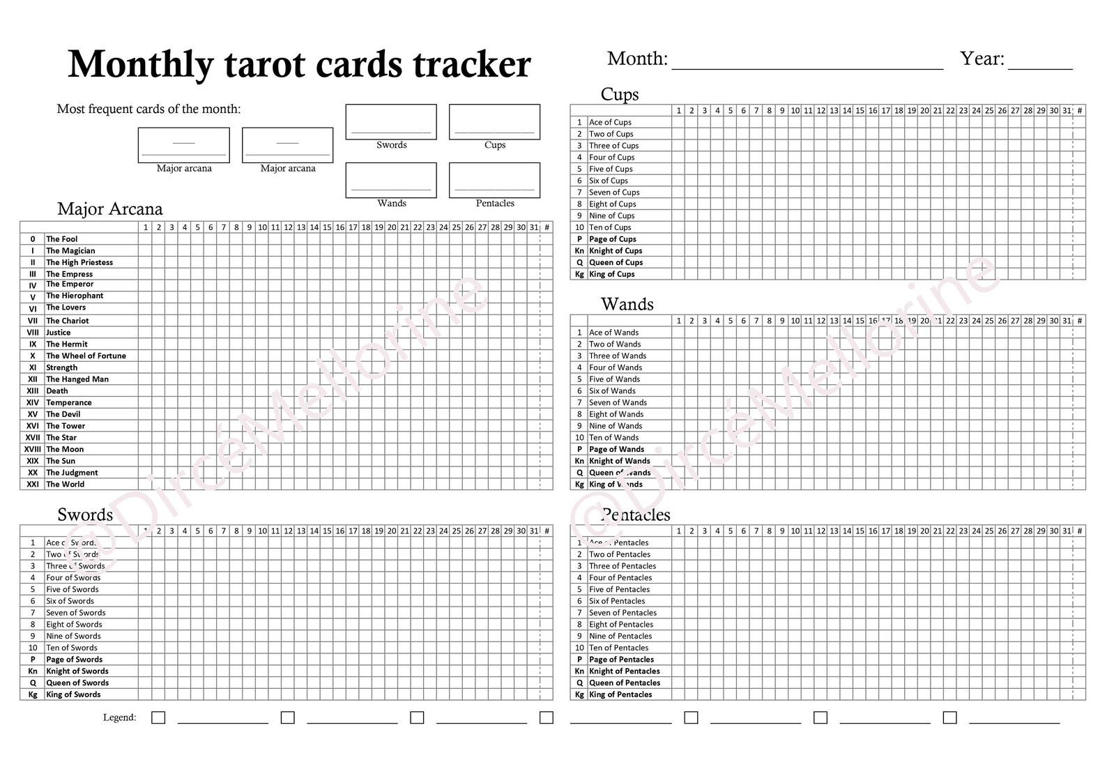 Monthly Tarot Cards Tracker A4 - Etsy