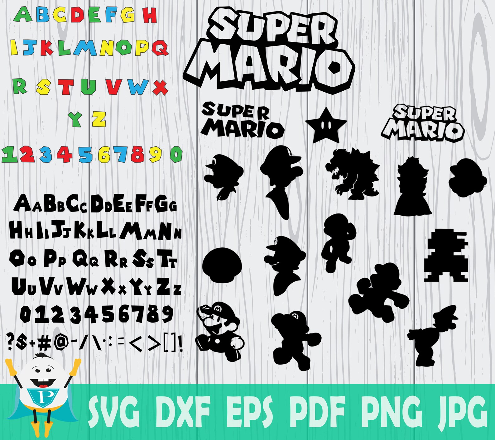 Super Mario Alphabet, SVG druckbare Buchstaben, Schriftart schwarz und ...