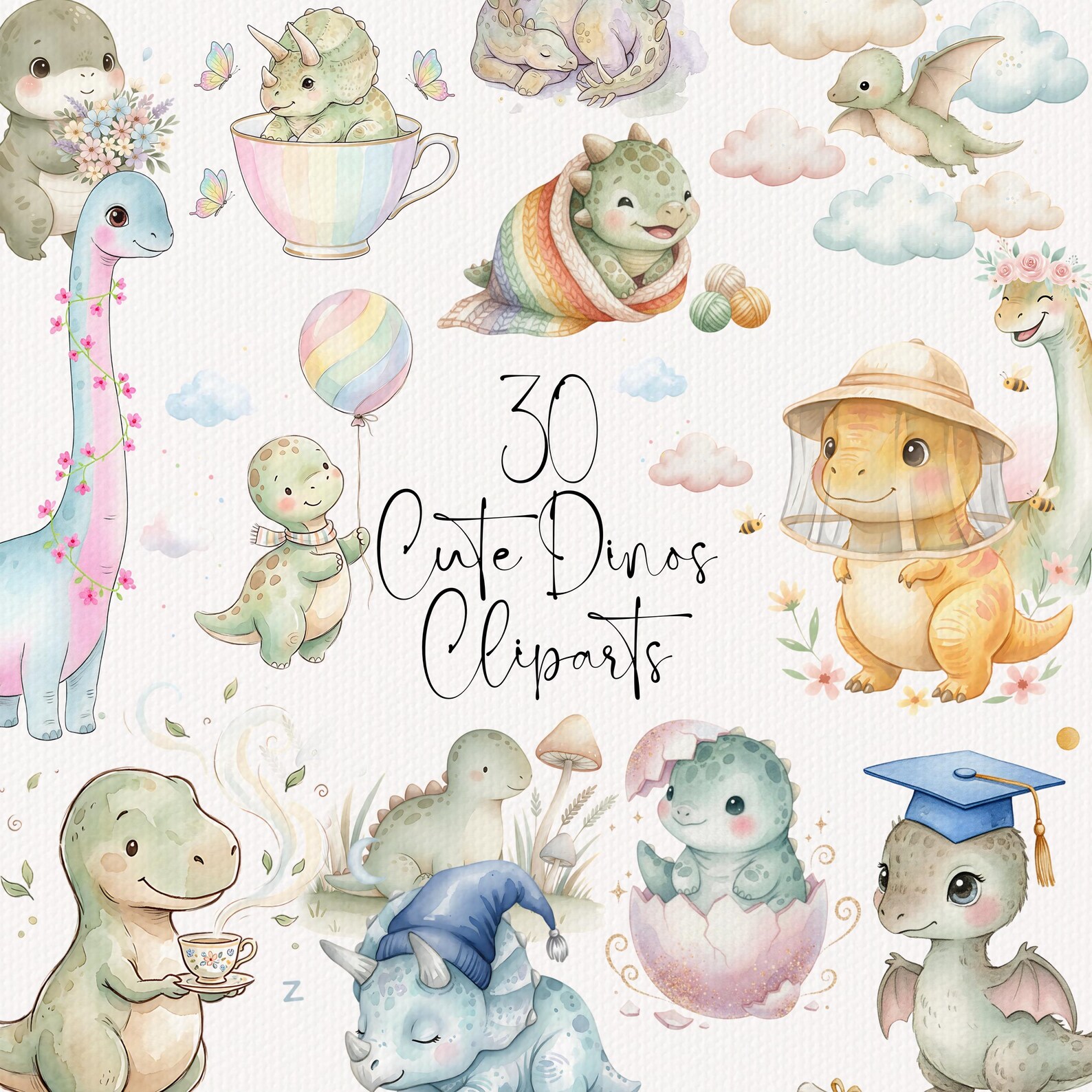 30 Cute Dinosaur Clipart Bundle: Watercolor Baby Dino Pngs for Nursery ...