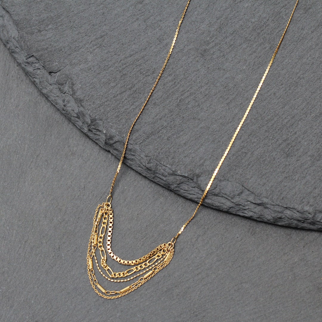 14k Gold Multi Chain Drop Station Necklace - Etsy
