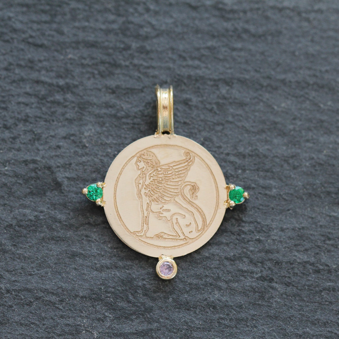 14k Gold Emerald + Pink Sapphire Engraved Sphinx Talisman Pendant - Etsy