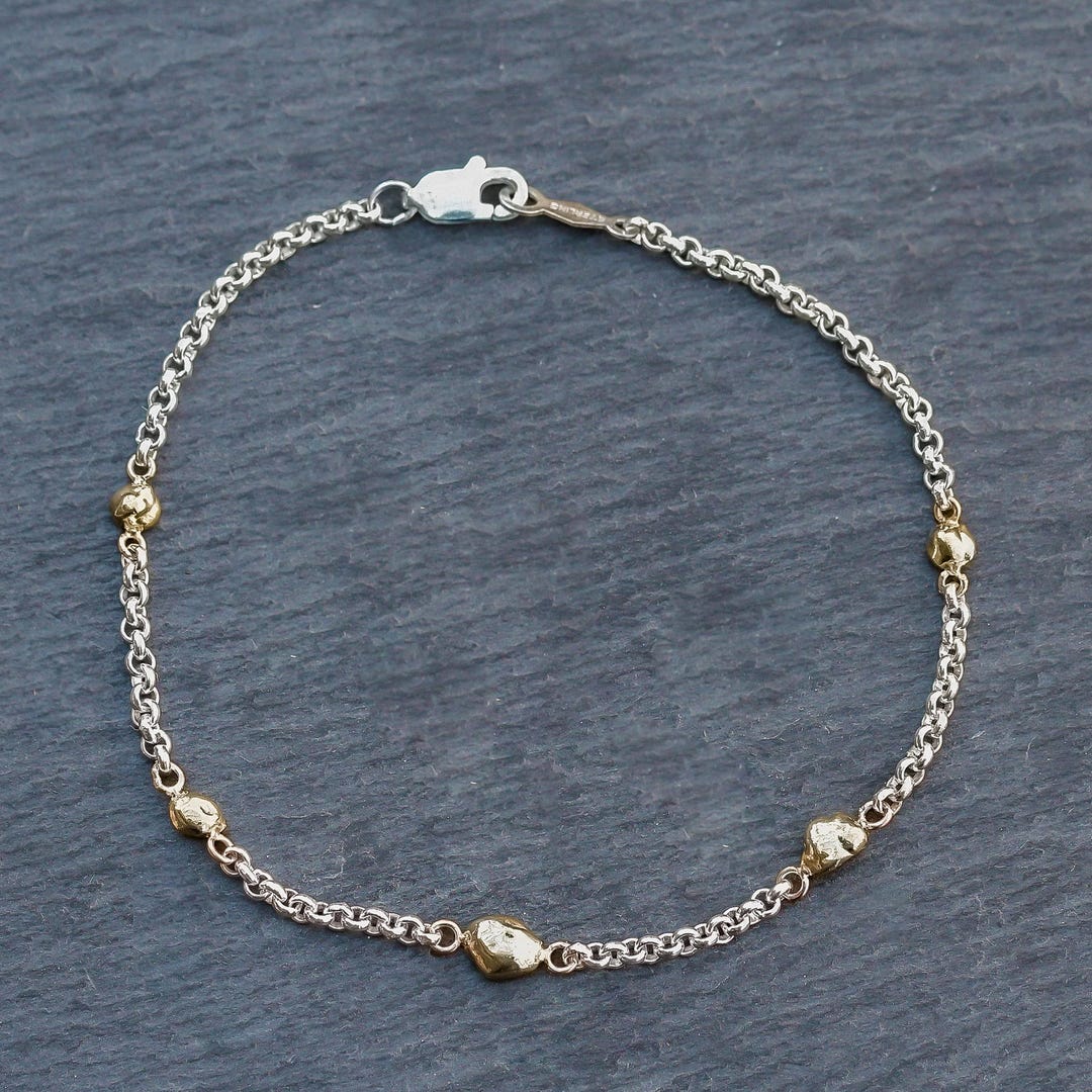14k Gold + Sterling Silver Nugget Station Bracelet - Etsy