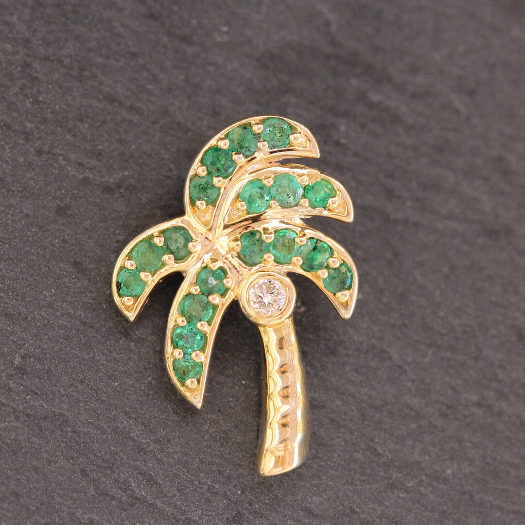 14k Gold Diamond Emerald Palm Tree Pendant - Etsy