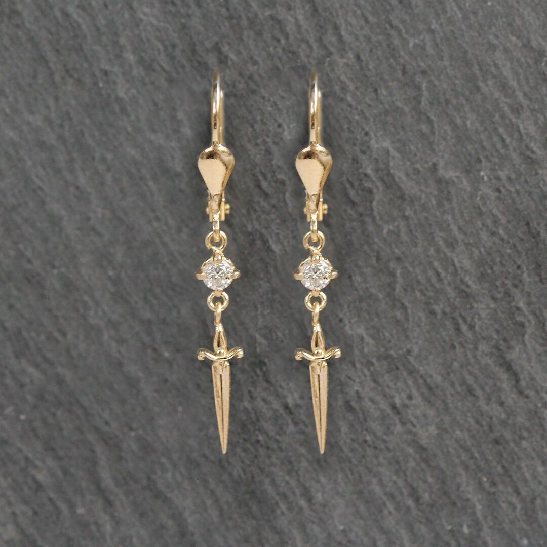 14k Gold Diamond Dagger Earrings - Etsy