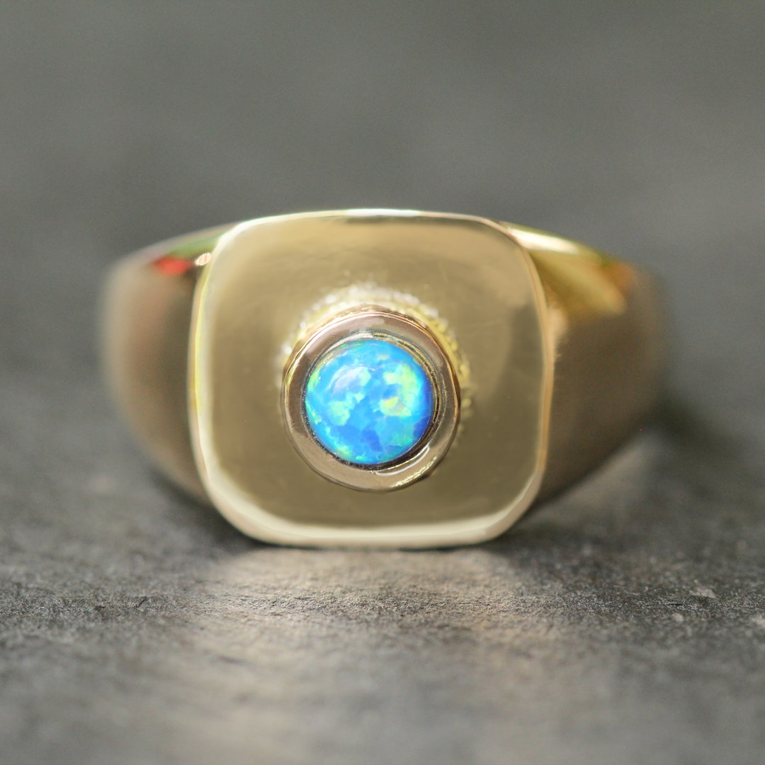 Blue Opal and 14k Solid Gold Signet Ring. Upcycled Opal Jewelry - Etsy