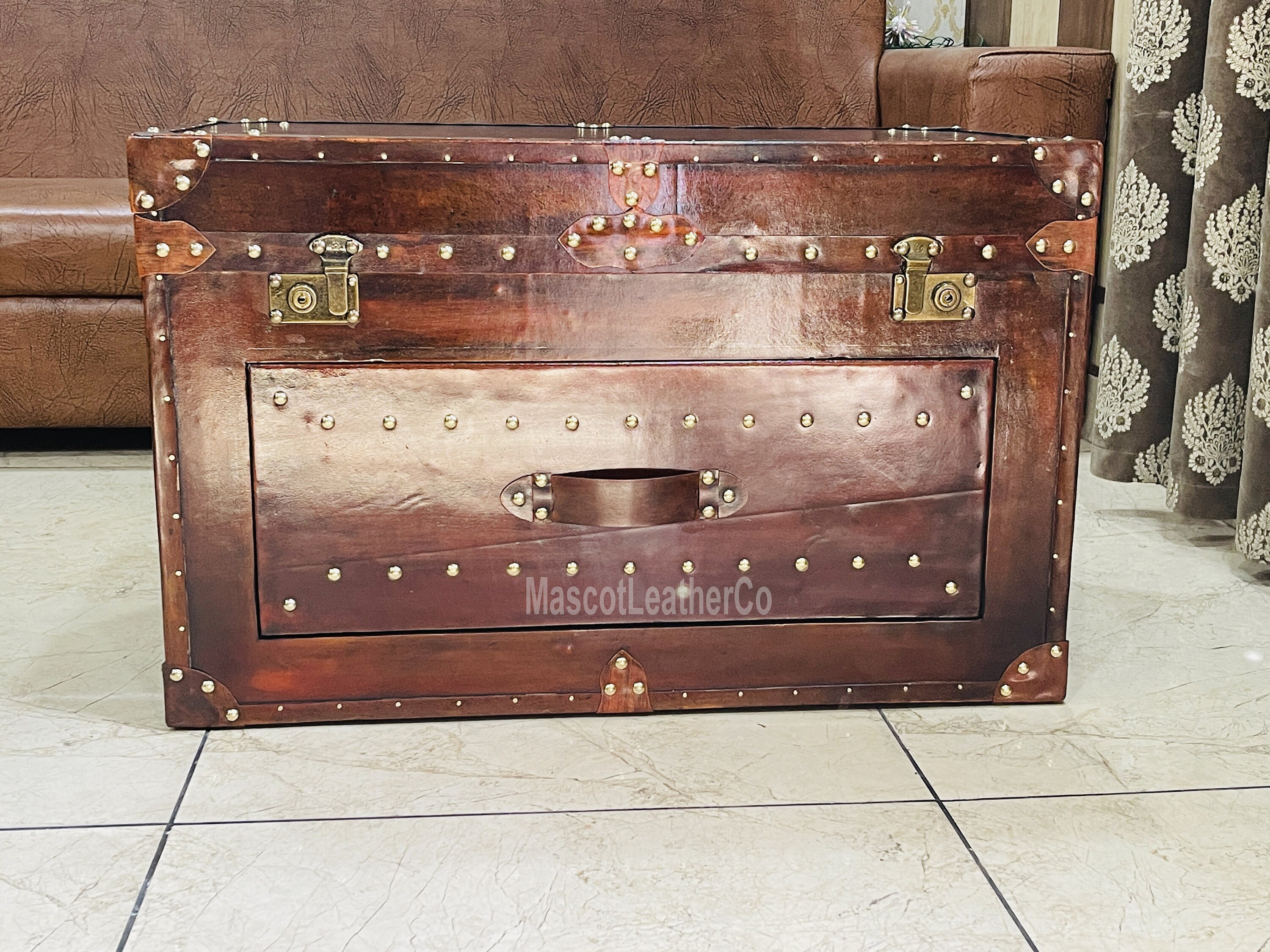 Handmade Leather Coffee Table Trunk Luxury Leather Chestnut Brown Trunk ...