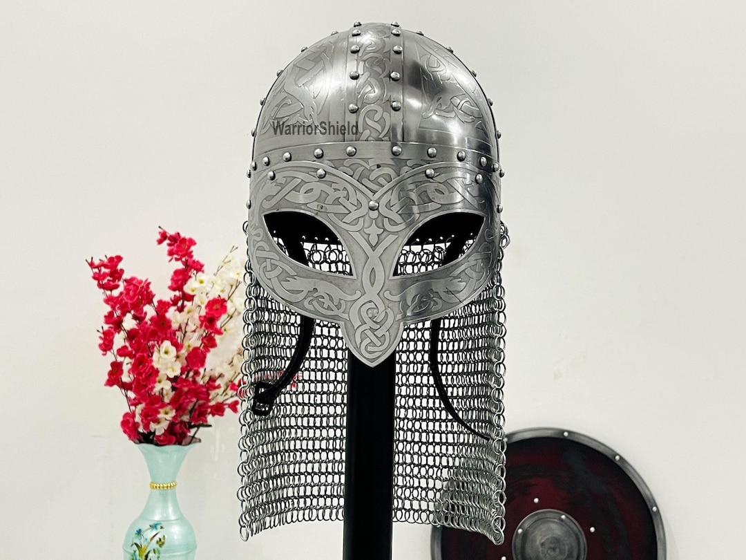 Medieval Viking Helmet Armor Vendel Steel Etched Helmet With Chainmail ...