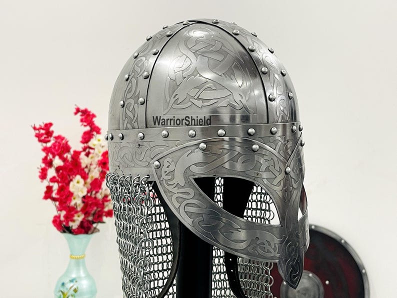 Medieval Viking Helmet Armor Vendel Steel Etched Helmet With Chainmail ...