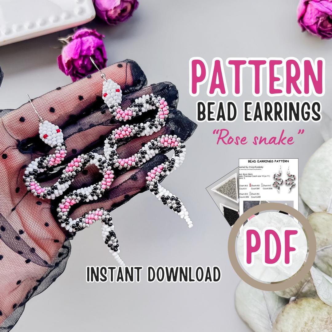 PDF DIY Pink Rose Snake Bead Earrings Pattern, Beadwork Reptile Skin ...