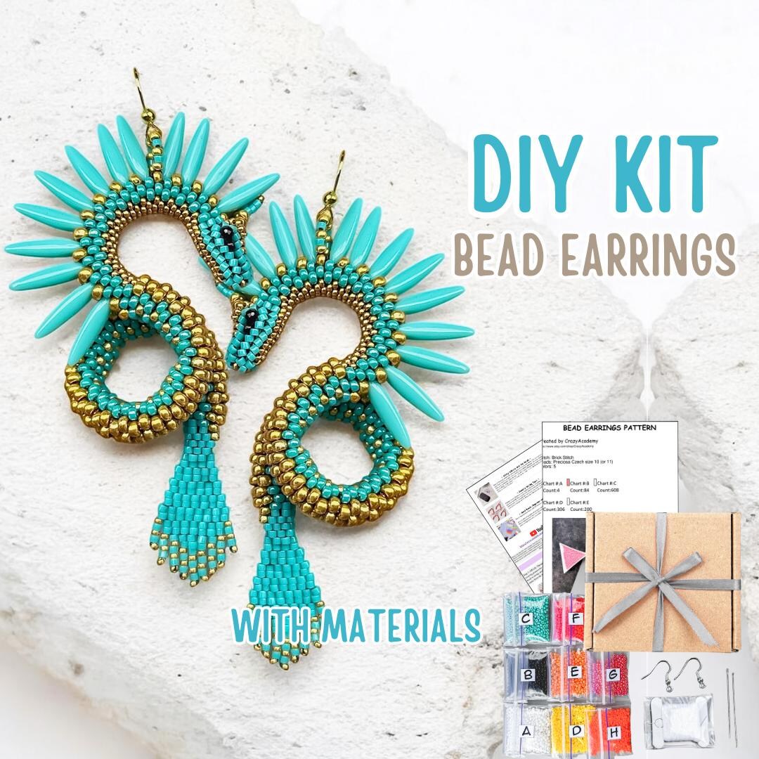 DIY Dragon Bead Earrings Kit, Blue Gold Reptile Jewelry Pattern ...