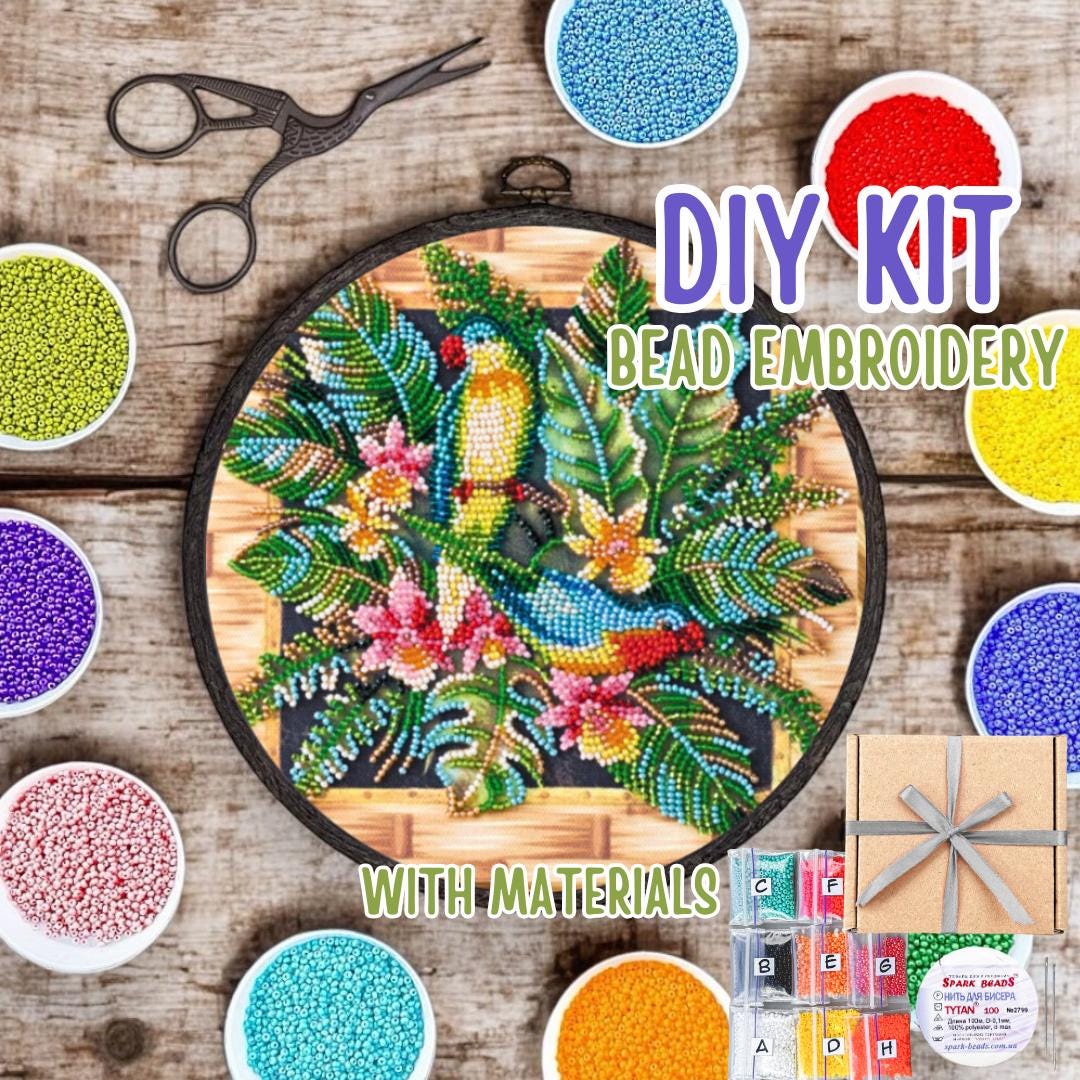 DIY Parrots Embroidery Kit Beginner, Summer Bird Modern Bead Embroidery ...