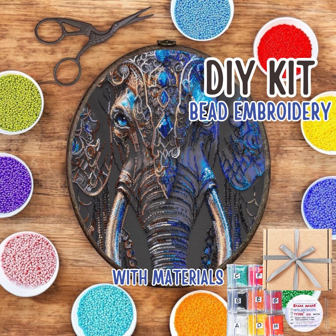 DIY Elephant Bead Embroidery Kit, Blue Black Elephant Animal Art Canvas ...