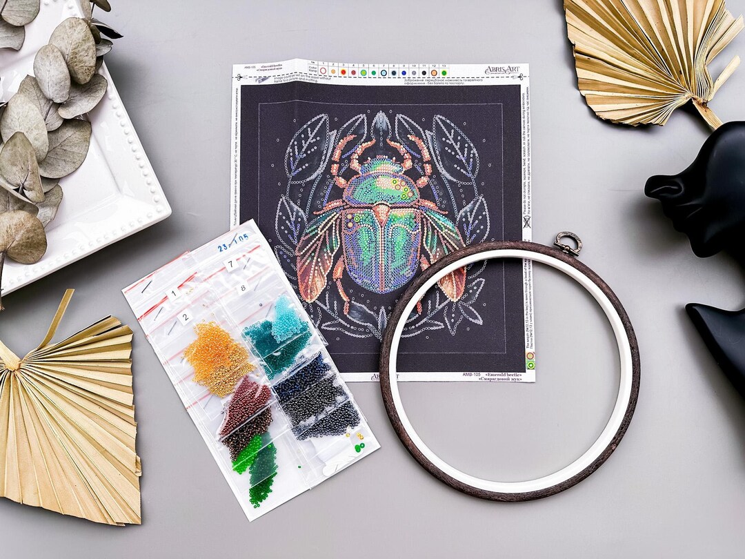 DIY Emerald Scarab Bead Embroidery Kit Green Beetle Art Canvas, Insect ...