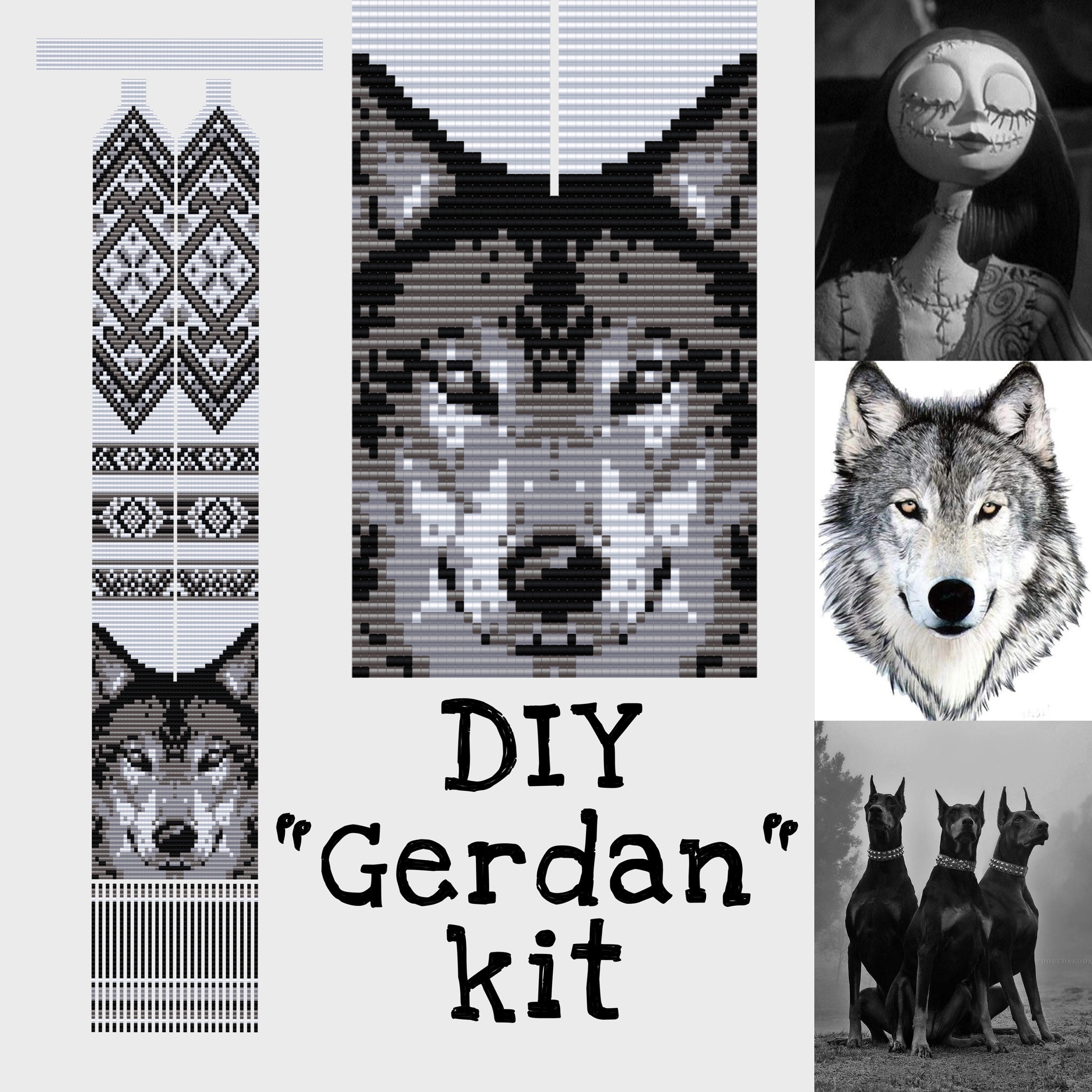 DIY Kit Grey Wolf beaded Gerdan pattern black loom Bead | Etsy