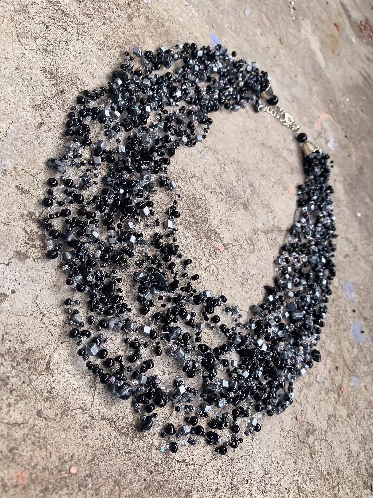 DIY KIT to Make Airy Bead Crochet Necklace - Black Silver Multistrand ...