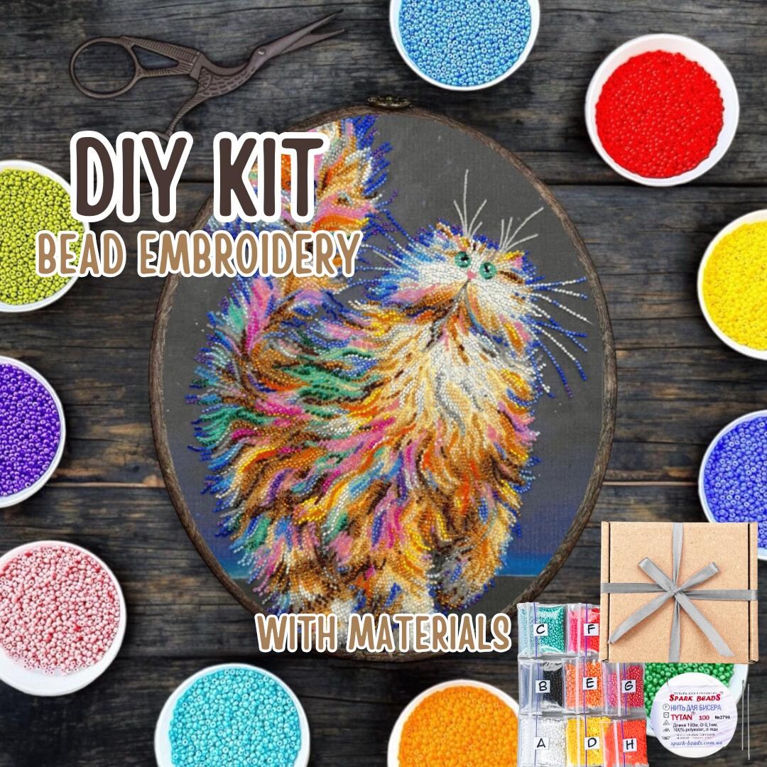 DIY Cat and Star Bead Embroidery Kit, Cute Cat Embroidery, Cat Lover ...