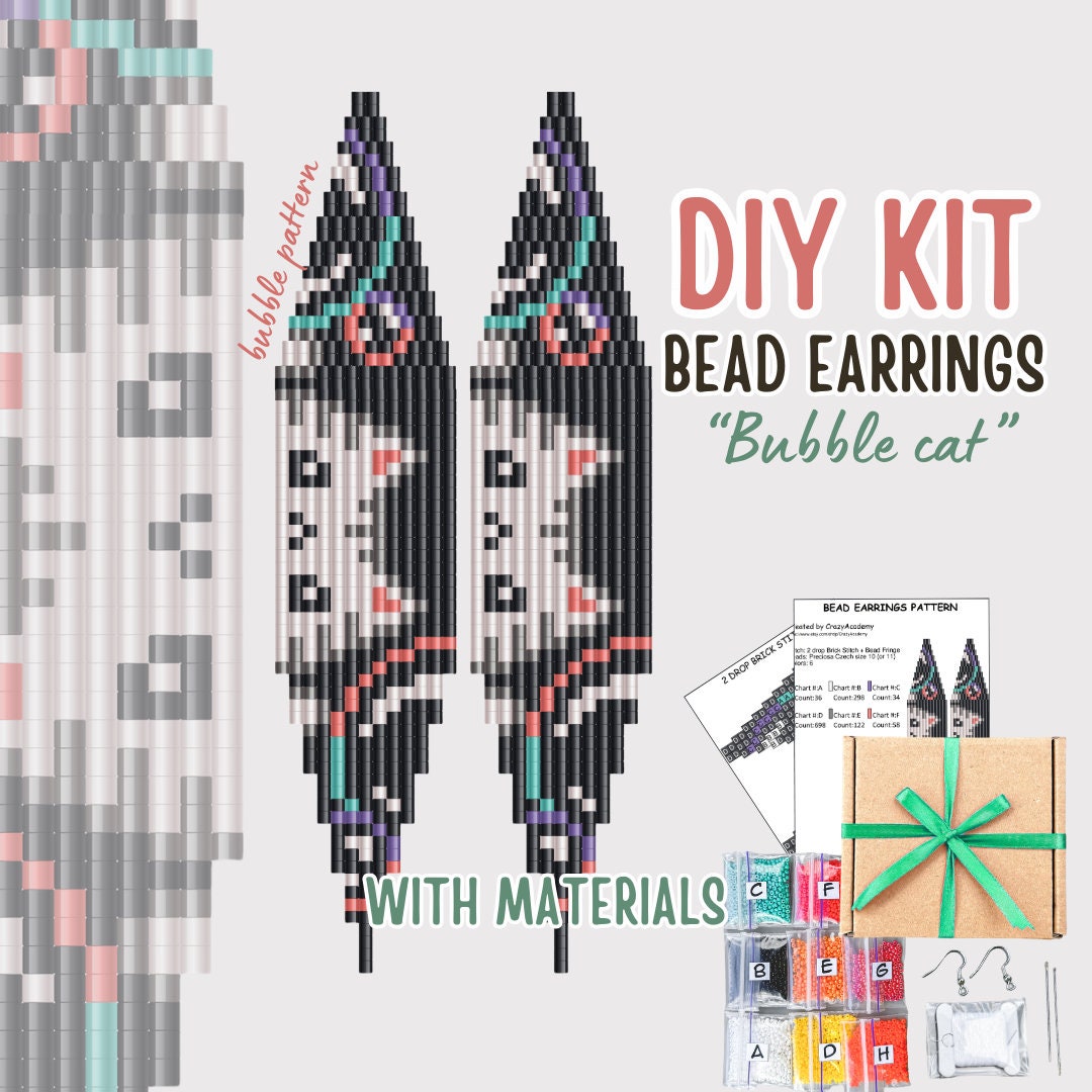 DIY Kit Bubbles Pattern With Cat Bead Fringe Earrings Beadwork Craft ...