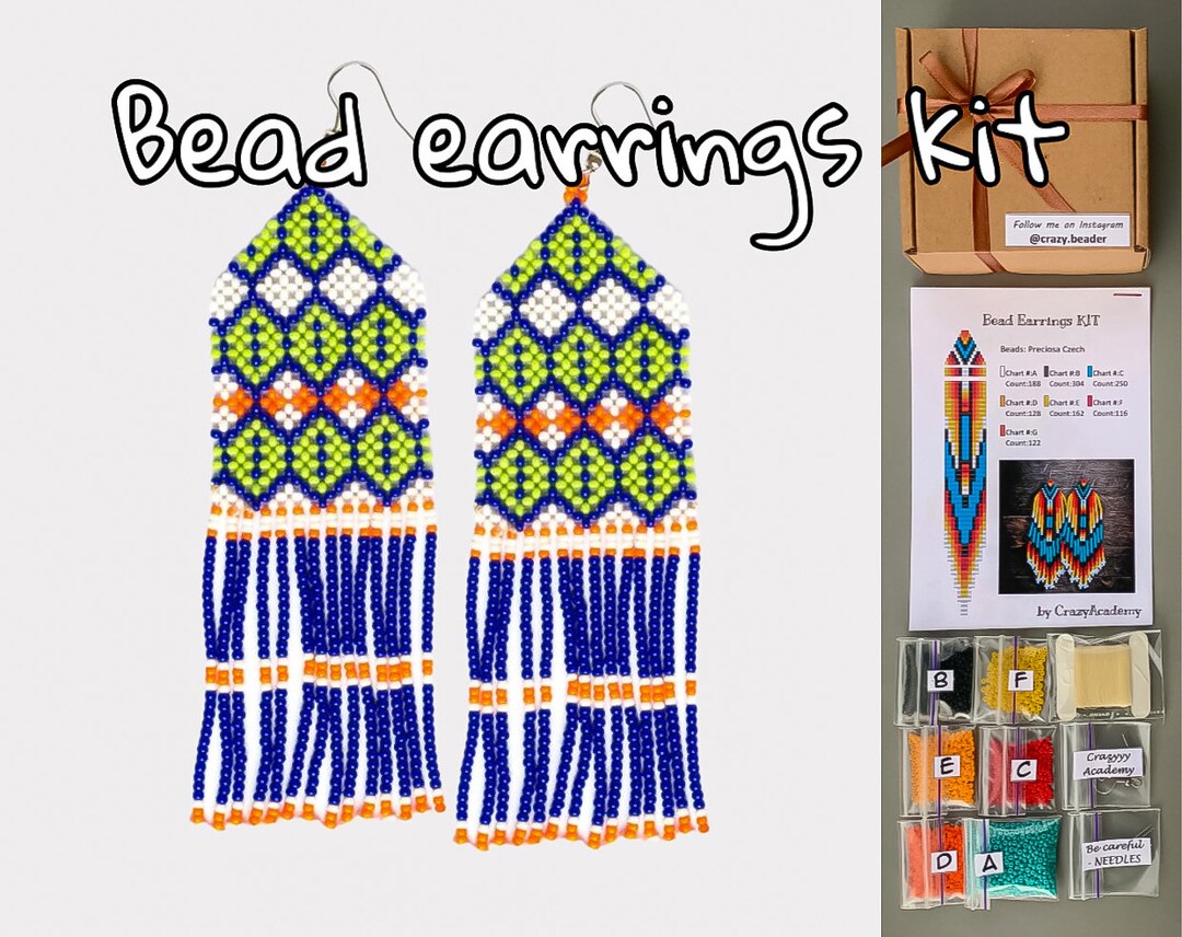 DIY Kit Long Native American Style Fringe Bead Earrings, Green Blue ...