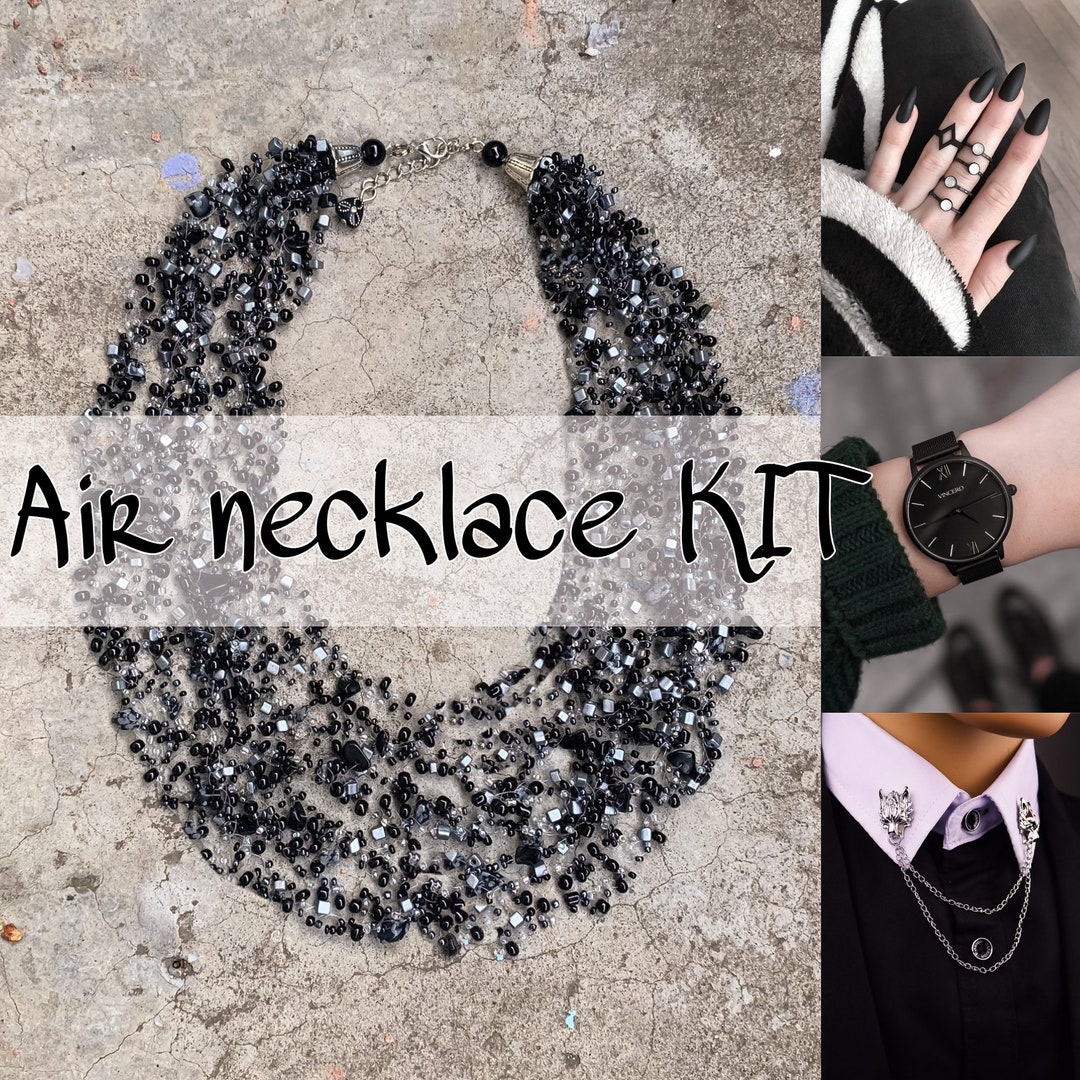 DIY KIT to Make Airy Bead Crochet Necklace - Black Silver Multistrand ...
