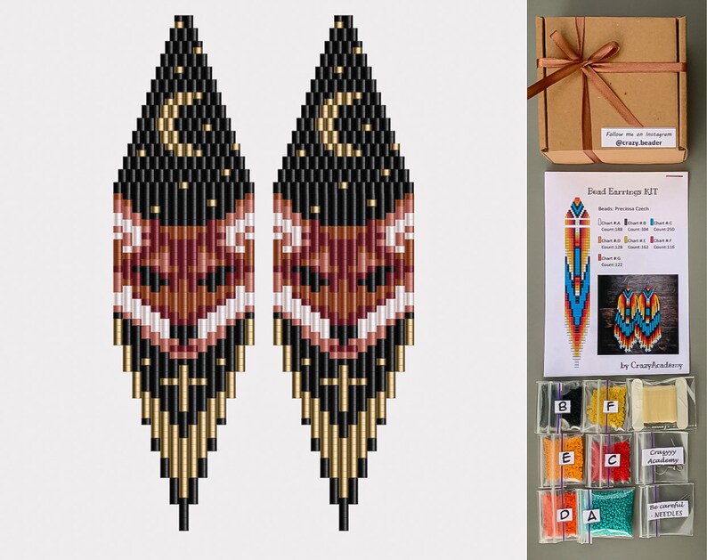 DIY Kit Black Gold Moon Fox Fringe Beading Earrings, Wild Animal Fox ...