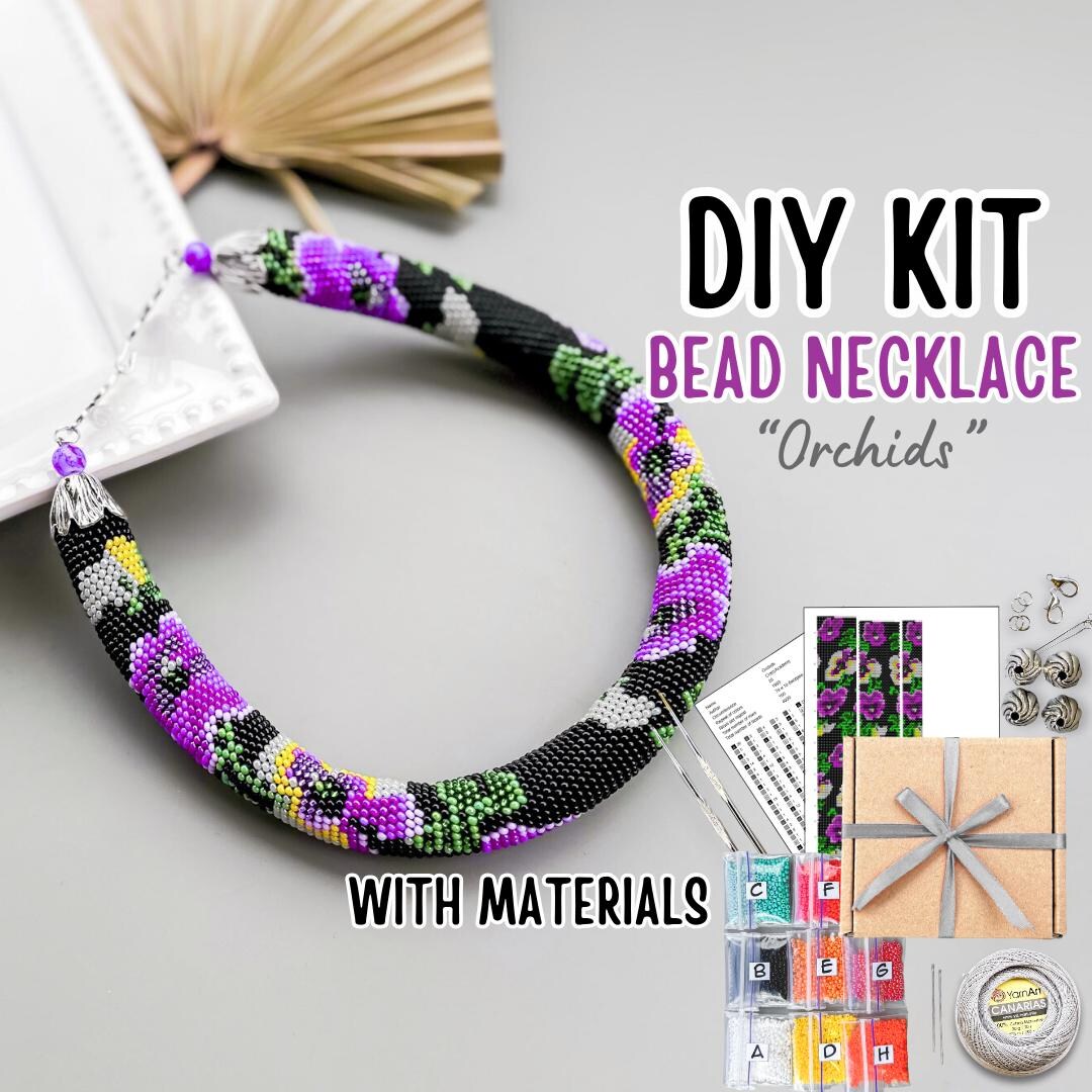 DIY Kit Purple Violets Flowers Bead Crochet Necklace, Black Floral ...