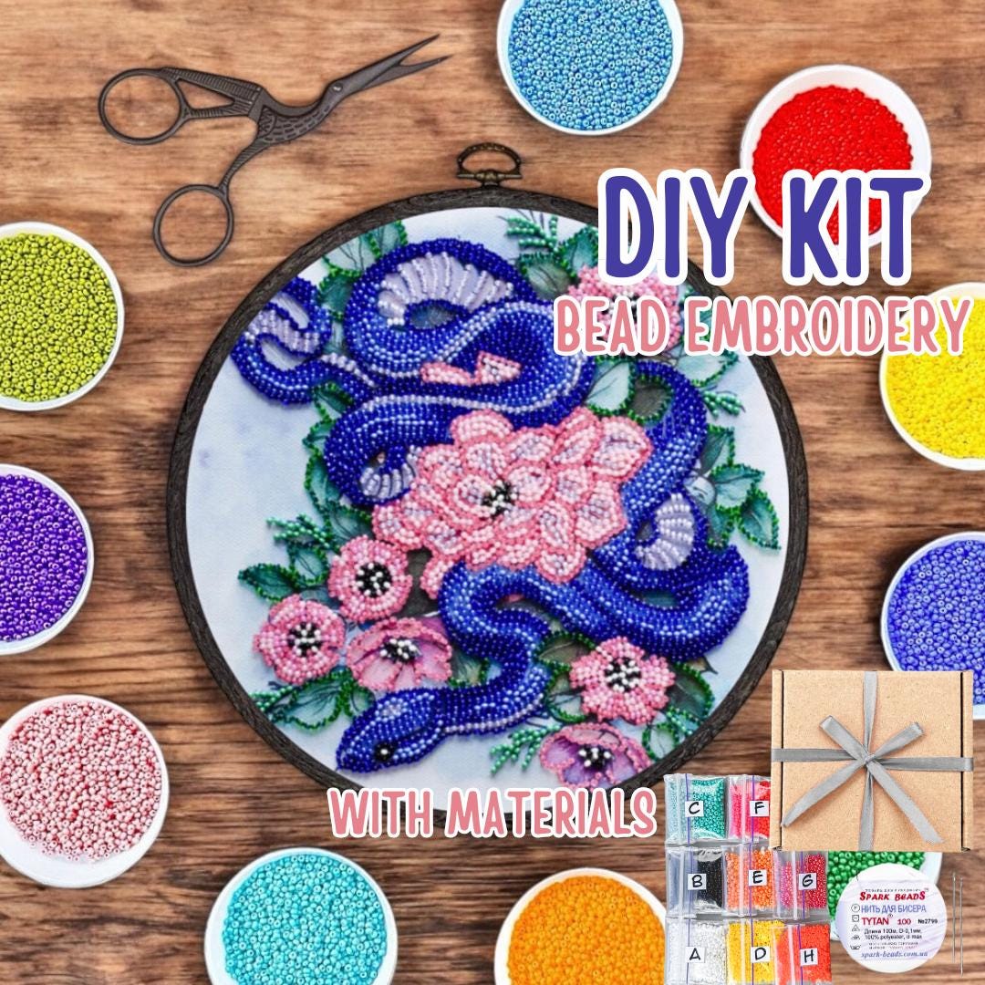 DIY Snake in Pink Flower Hand Embroidery Kit Art Canvas, Reptile ...