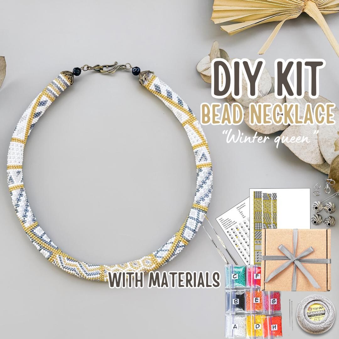 DIY Gold White Patchwork Bead Crochet Necklace Kit, Beginner White ...
