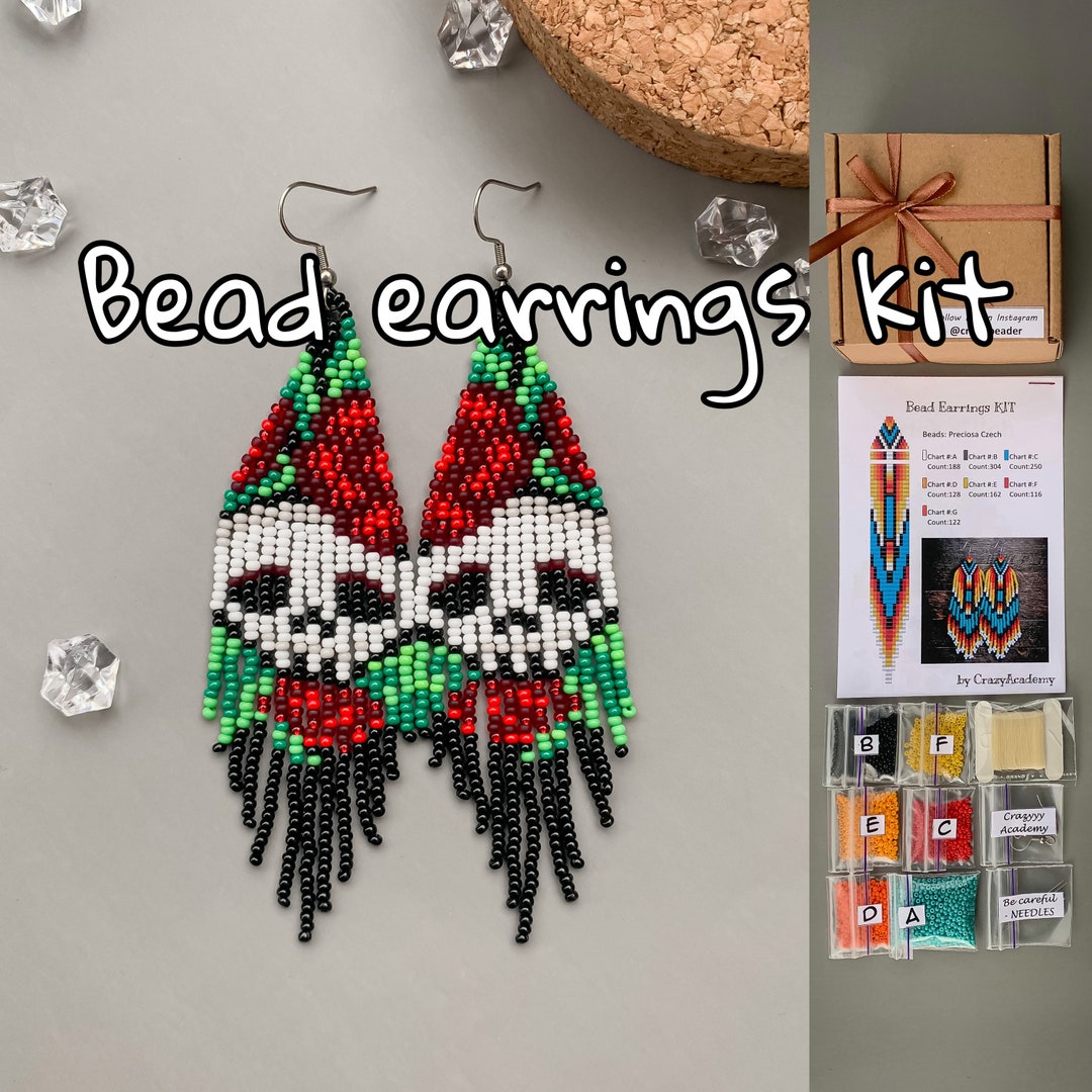 DIY Kit Beaded Skull Fringe Earrings Pattern Halloween Bead Rose Skull ...