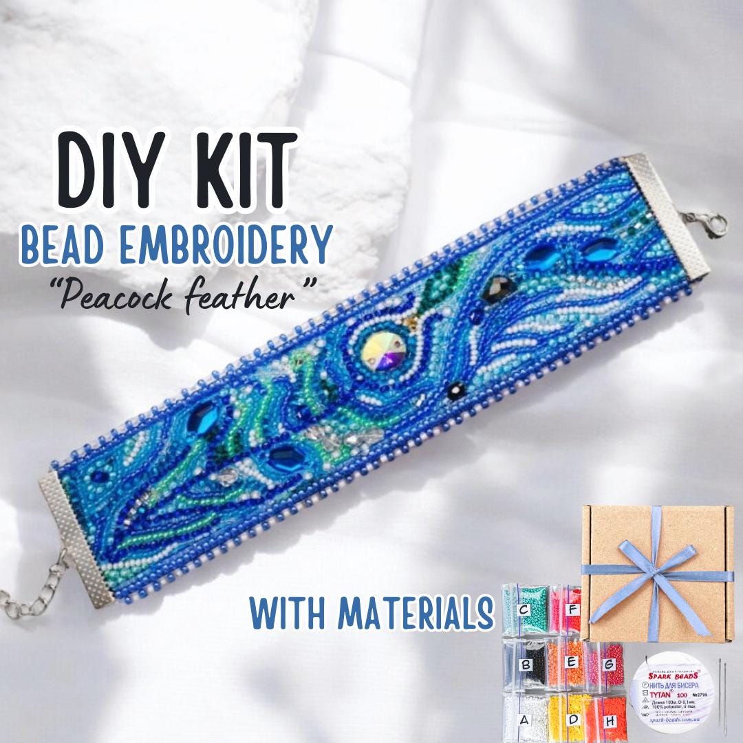 DIY Peacock Feather Bead Embroidery Bracelet Kit, Handmade Beading Wristband Jewelry Making Kit ...
