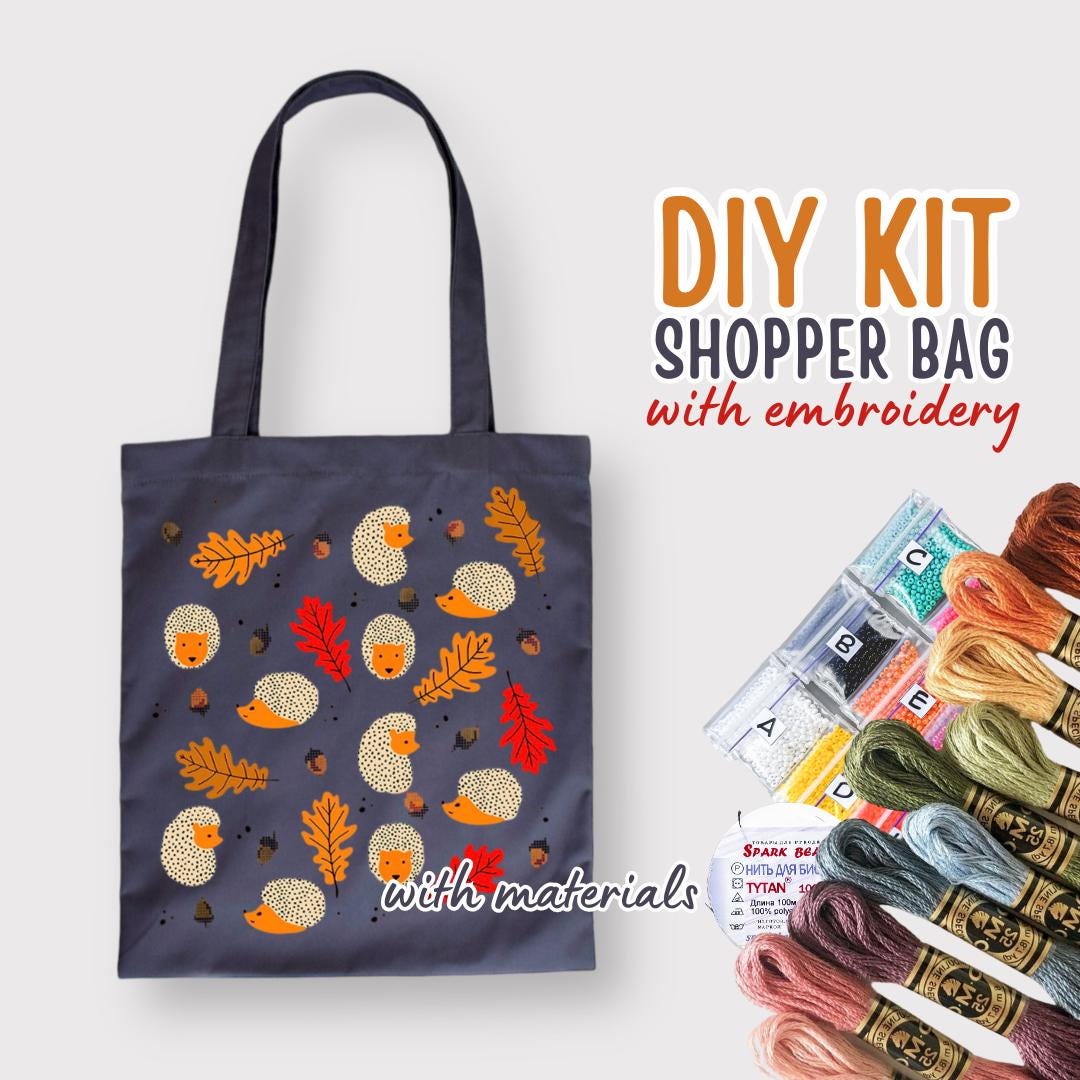 DIY Autumn Hedgehog Shopper Bag Kit, Beaded Embroidery Craft, Fall ...