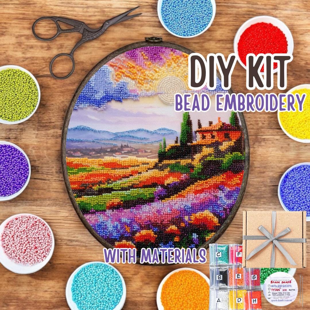 DIY Sunset Floral Field Bead Embroidery Kit on Art Canvas, Landscape ...
