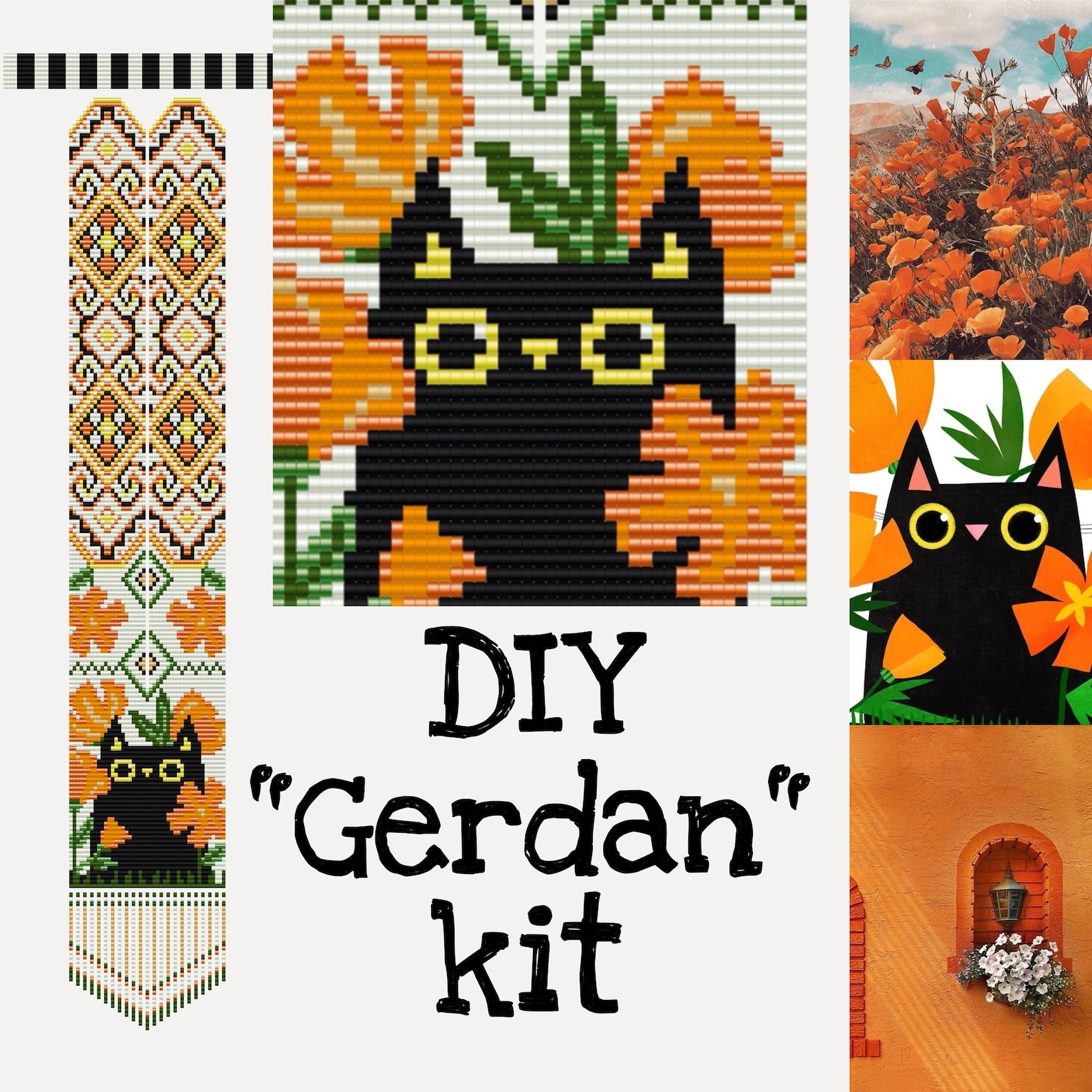DIY Kit Black Cat Beaded Gerdan Pattern - Orange Flower Loom Bead ...