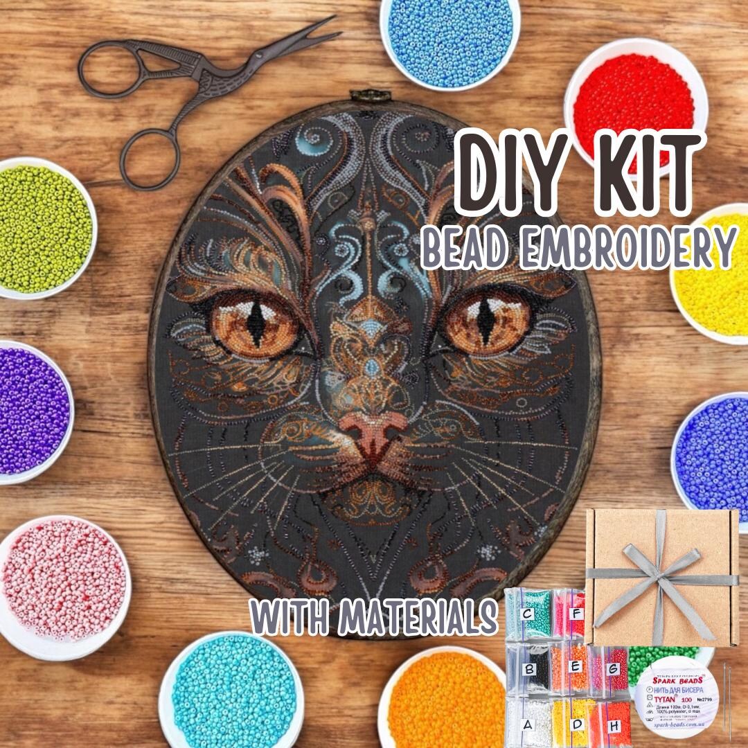 DIY Black Cat Bead Embroidery Kit, Beginner Needlepoint Hoop Gothic Cat ...