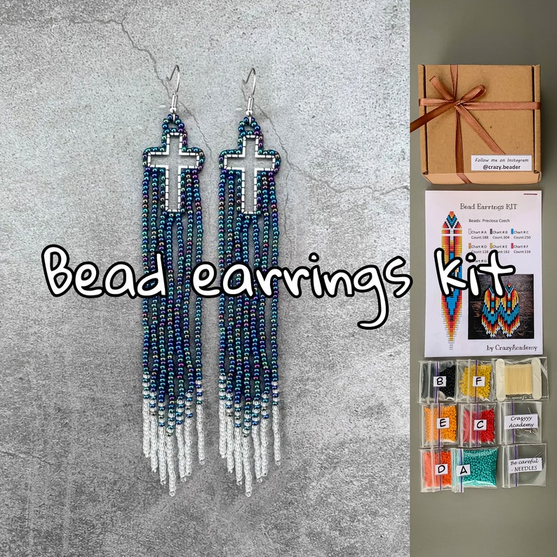 DIY Kit to Make Blue Cross Fringe Beading Earrings - Long Cross ...