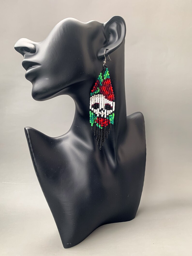 DIY Kit Beaded Skull Fringe Earrings Pattern - Halloween Bead Rose ...