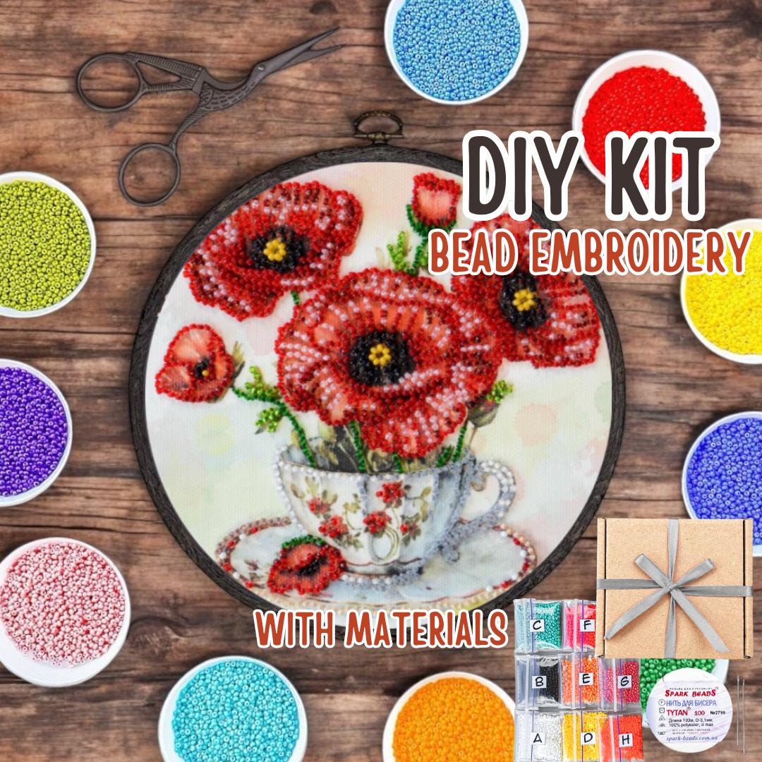 DIY Bead Red Poppies Embroidery Kit, Garden Floral Hoop Embroidery Kit ...